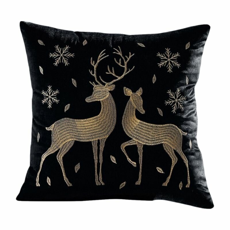 Наволочка в виде рождественской елки с лосем, наволочка вышивкой осенних и зимних снежинок-золотой олень на черном фоне