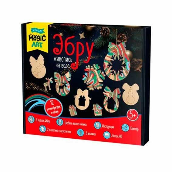 Набор для рисования Эбру Десятое Королевство Ёлочные игрушки, 12 фигурок, 5 красок