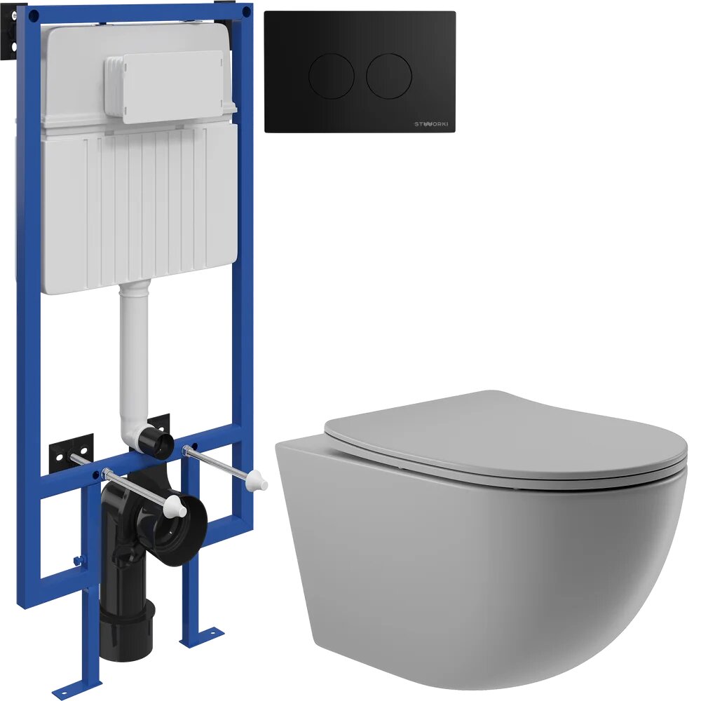 Комплект 3 в 1 Унитаз подвесной Aqueduto Ovo OVO0130 / Инсталляция STWORKI 510162 / Кнопка Хельсинки 500471 цвет матовый черный