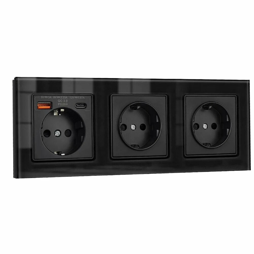 Розетка электрическая тройная с USB и type-C входами, быстрая зарядка 20W, рамка закаленное стекло Черная