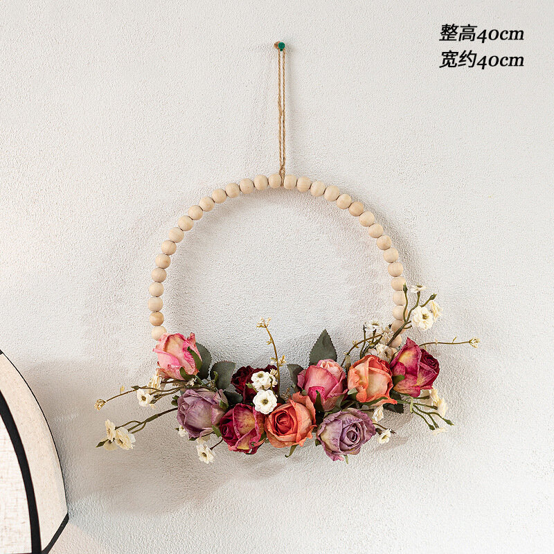 Скандинавский светлый роскошный деревянный венок из бусин, искусственные цветы, свадебные розы, декоративные цветы для стен, настенное украшение для дома, высококачественные декоративные цветы