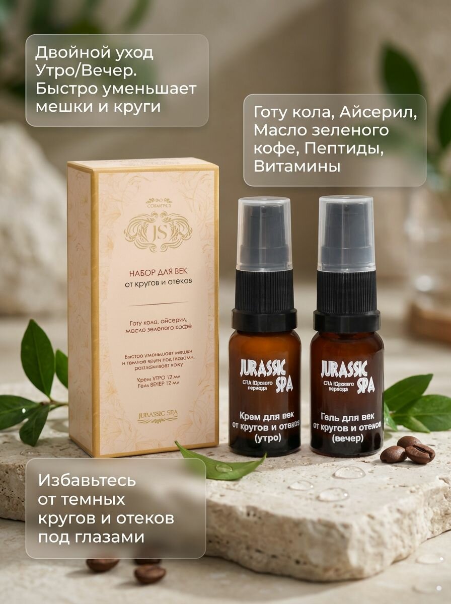 Набор для век от кругов и отеков сдвоенный с натуральными маслами и пептидом, крем 12 мл + гель 12 мл