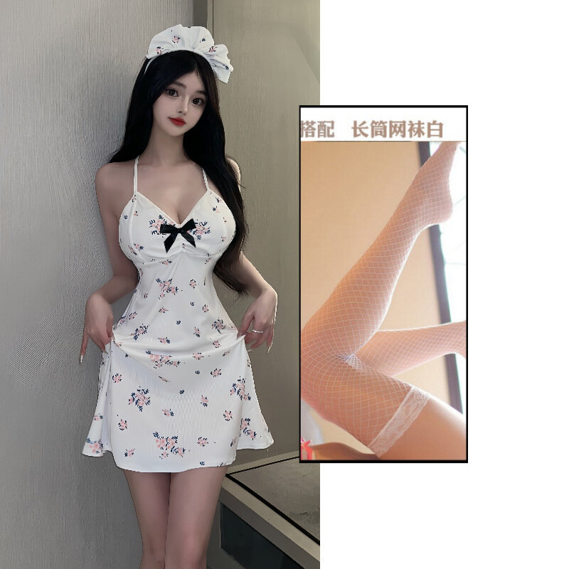 Дизайнерская летняя шелковая ночная рубашка для дома, тонкое сексуальное платье-комбинация с открытой спиной, женский комплект с принтом + белые сетчатые чулки