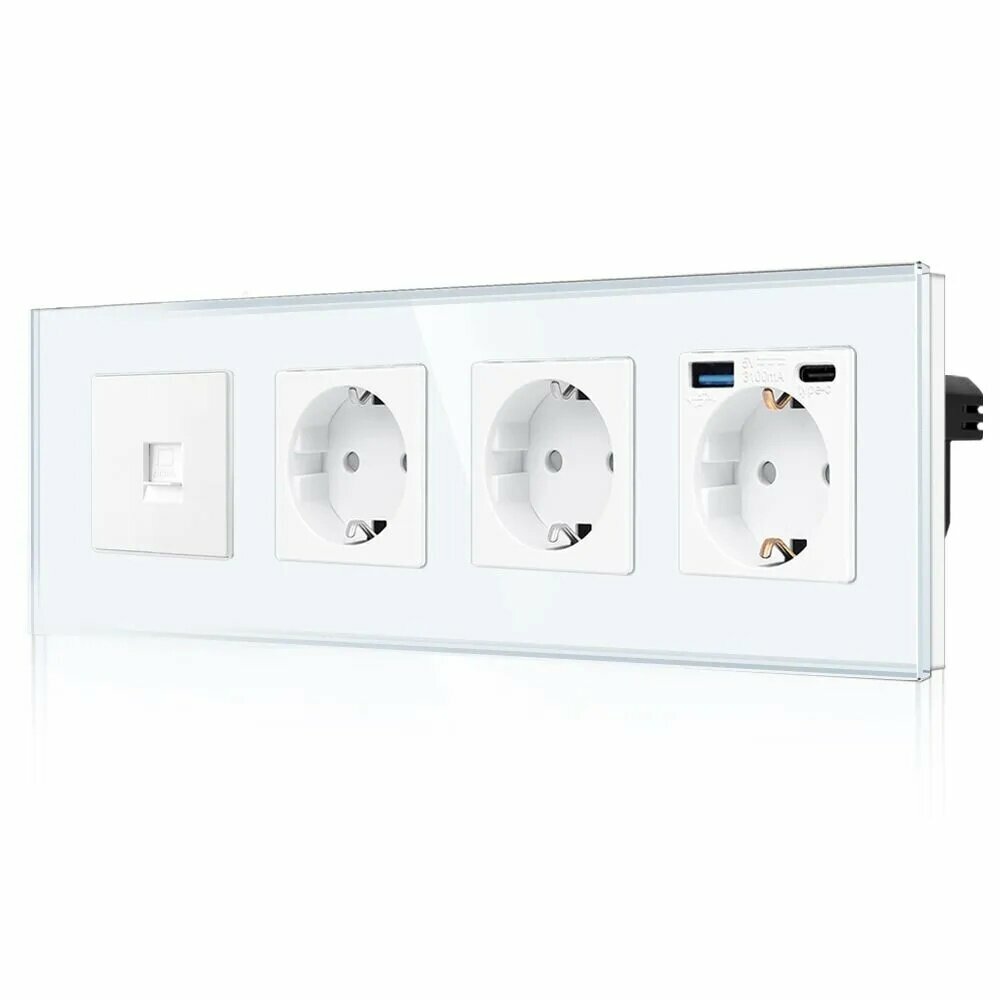 Розетка электрическая 4 поста с USB/Type-C+RJ45 Ethernet 220В 16А Стекло Рамка белая