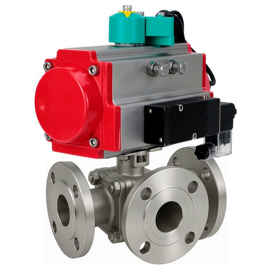 Кран шаровой DN.ru 316-316-PTFE-FP-3L-F-ISO-H Ду20 Ру16 HYMT, трехходовой L-тип, полнопроходной, фланцевый, корпус нержавеющая сталь SS316, с пневмоприводом DA-052, пневмораспределителем 220VAC NAMUR и магнит. переключателем МППП-200 (опрессовано)