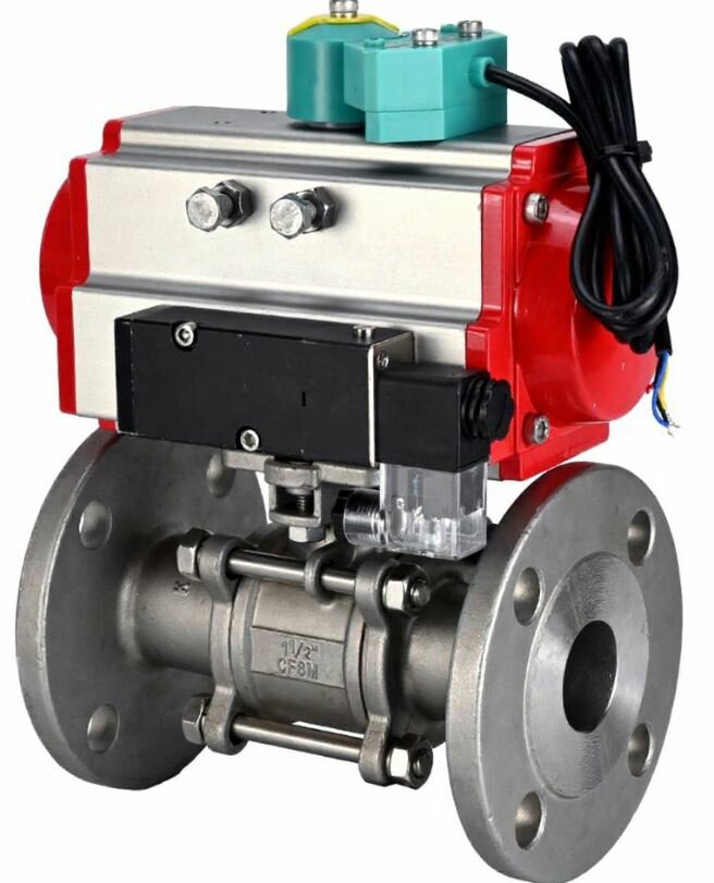 Кран шаровой DN.ru кшфпт-iso.316.180 Ду40 Ру40 полнопроходной трехсоставной, фланцевый, нержавеющая сталь 316, уплотнение - PTFE, с пневмоприводом SA-083 и магнитным переключателем МППП-200