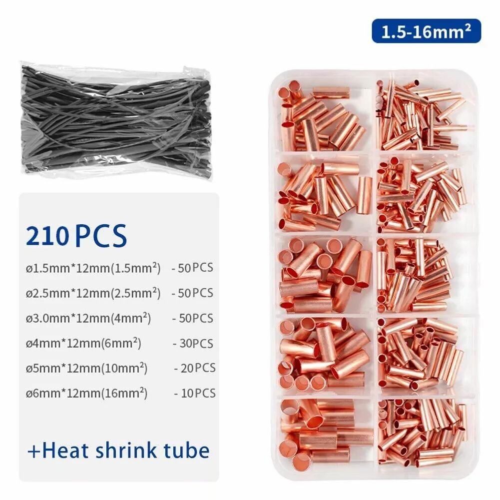 Гильза для сварачного кабеля, набор гильз медных 6 размеров,210 шт. и 48 шт черных термоусадочных трубок(Длина 200 мм каждая)