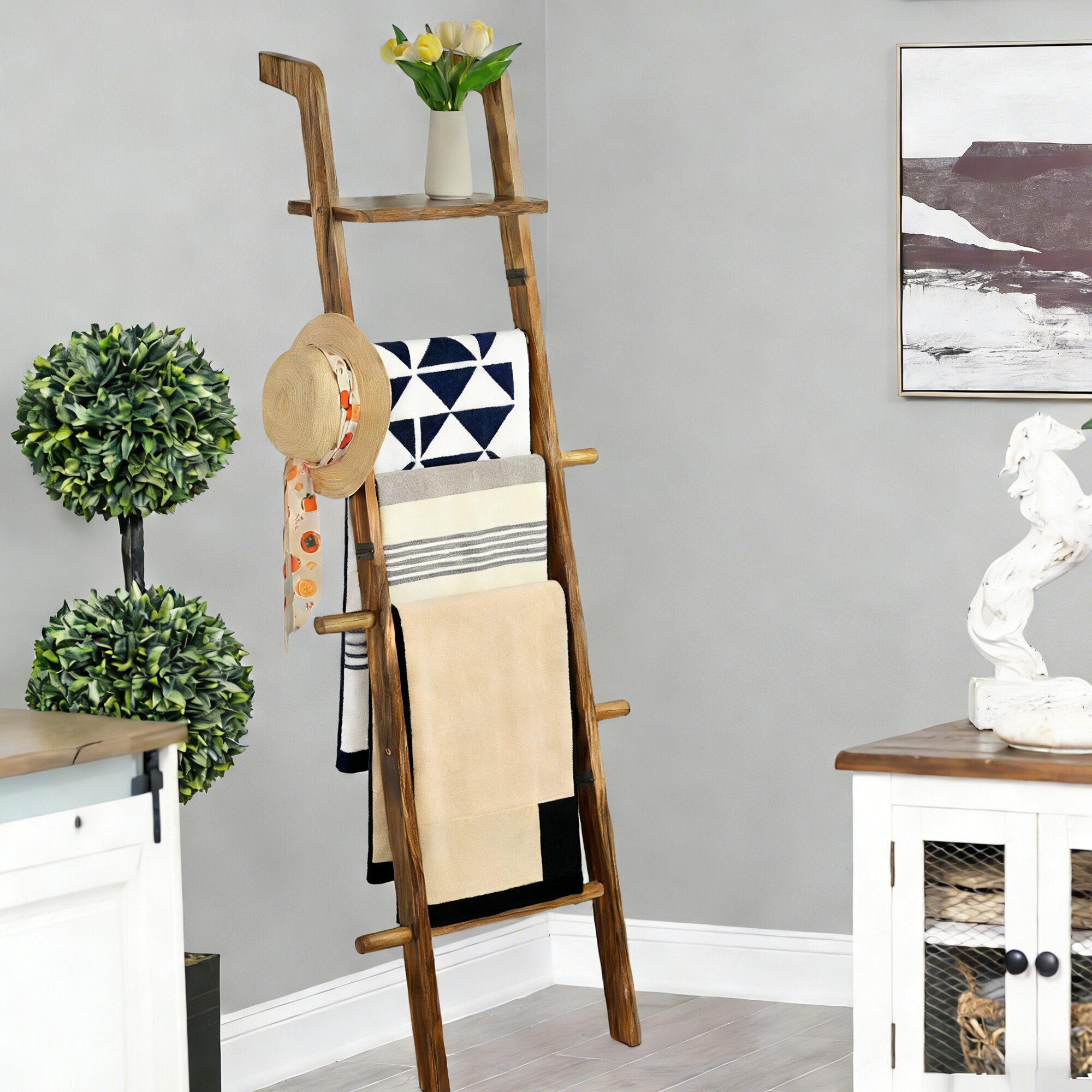 Стеллаж лесенка деревянный,6 полки, напольный, деревянный, темно-коричневый