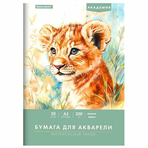 Папка для акварели большая А3, 20л, 200 г/м2, 297х420мм, BRAUBERG академия, "Львёнок", 117745