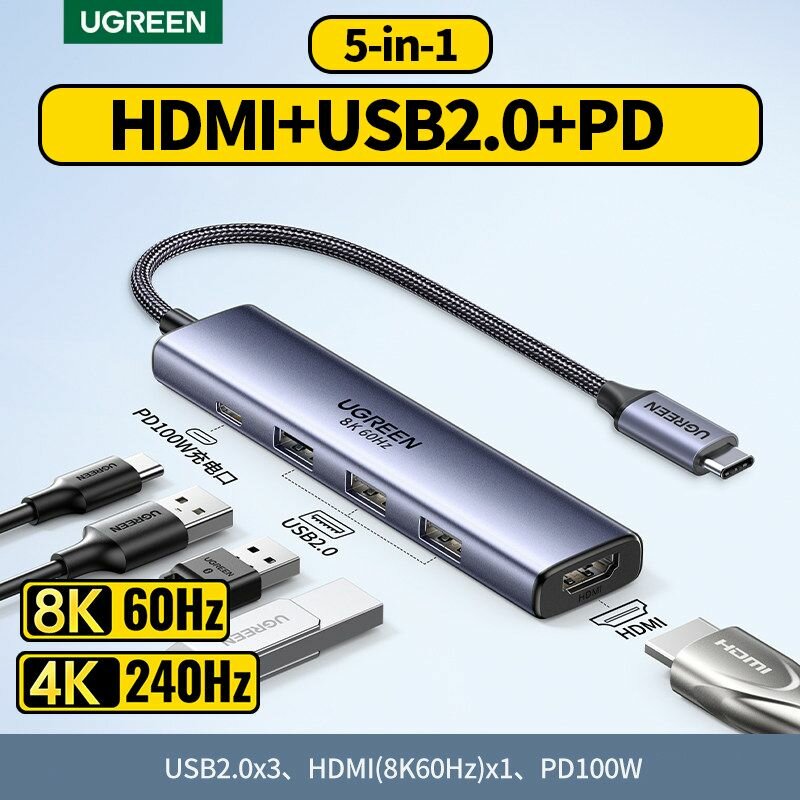 USB-Концентратор UGREEN 5-in-1 (55611), 8K HDMI, USB 2.0, PD 100W Hub