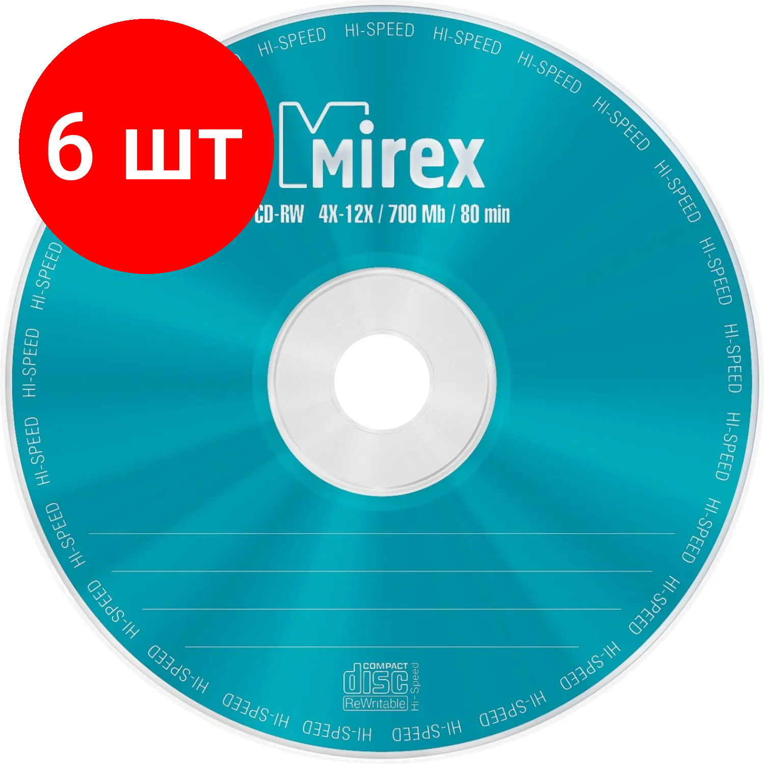 Комплект 6 упаковок, Носители информации CD-RW, 4x-12x, Mirex, Cake/10, UL121002A8L
