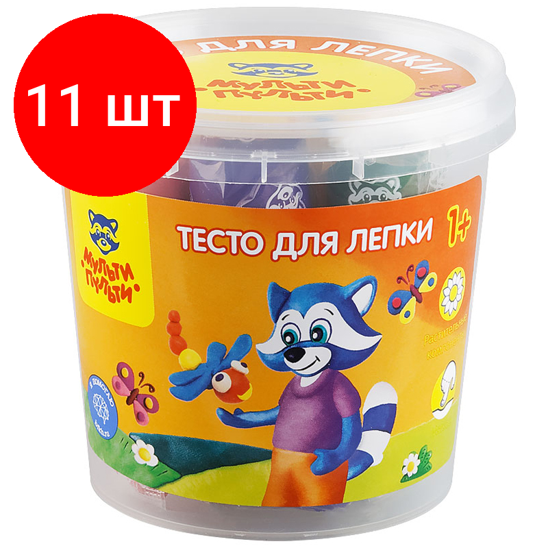 Комплект 11 шт, Тесто для лепки Мульти-Пульти "Енот в деревне", 07 цветов*30г, пластиковый стакан