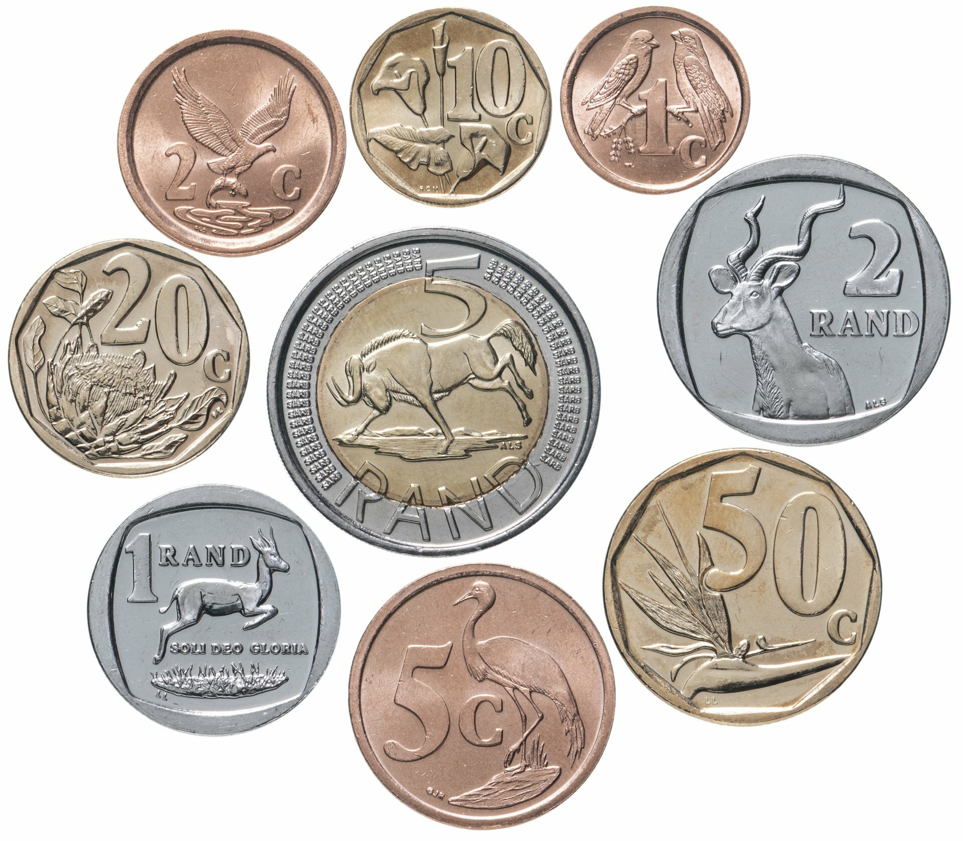 ЮАР, Южная Африка - набор 1, 2, 5, 10, 20, 50 центов 1, 2, 5 рэндов рандов 1994-2017 фауна, Различные сплавы, в сохранности UNC