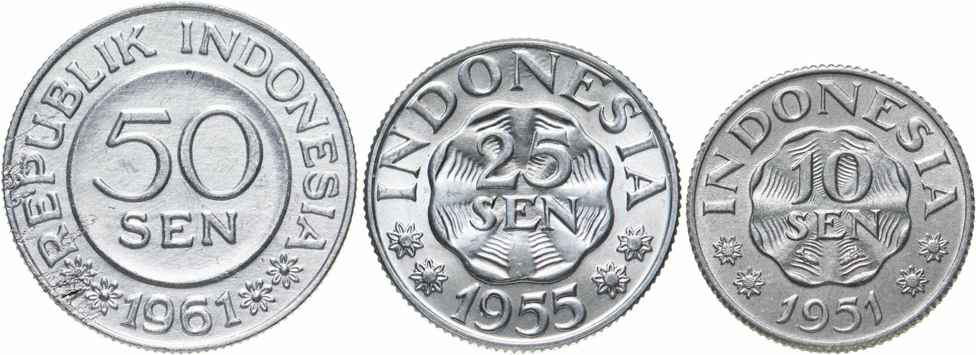 Индонезия набор 3 монеты 10, 25, 50 сен 1951 - 1961 года из ролла, Алюминий, в сохранности UNC