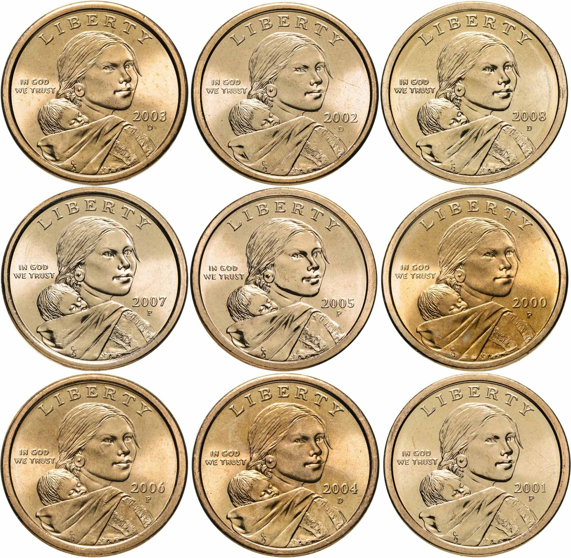 США набор из 9 монет 1 доллар dollars 2000-2008, случайный монетный двор, Медь, в сохранности UNC