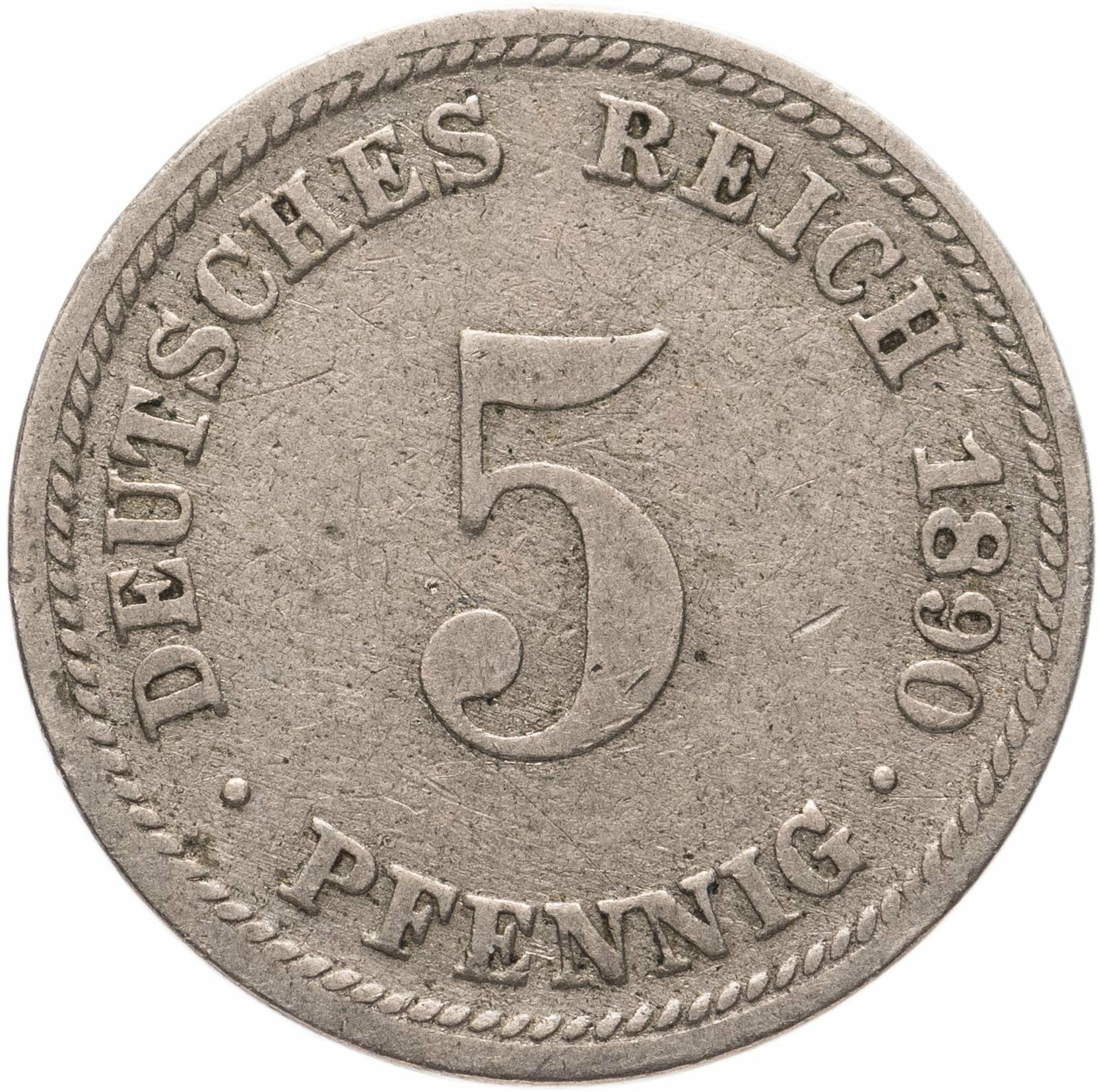 Германия 5 пфеннигов pfennig 1890, Мельхиор медь-никель, в сохранности VF