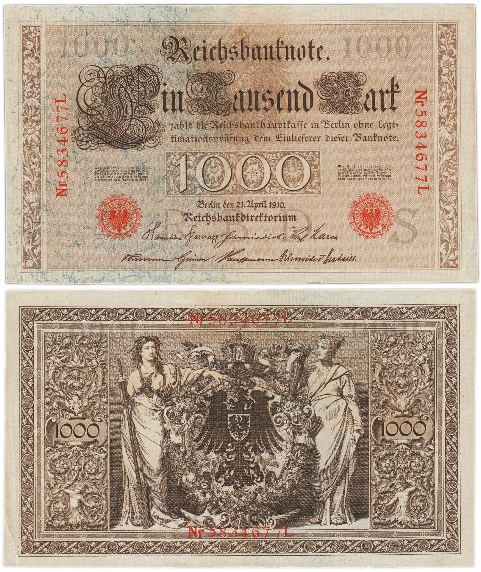 Германия 1000 марок 1910 красная печать