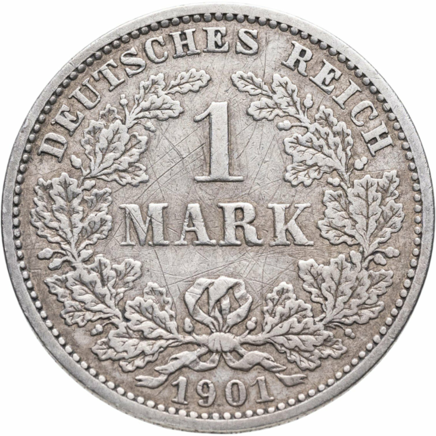 Германия 1 марка mark 1901 знак монетного двора: "E" - Мульденхюттен, Серебро 900, в сохранности VF