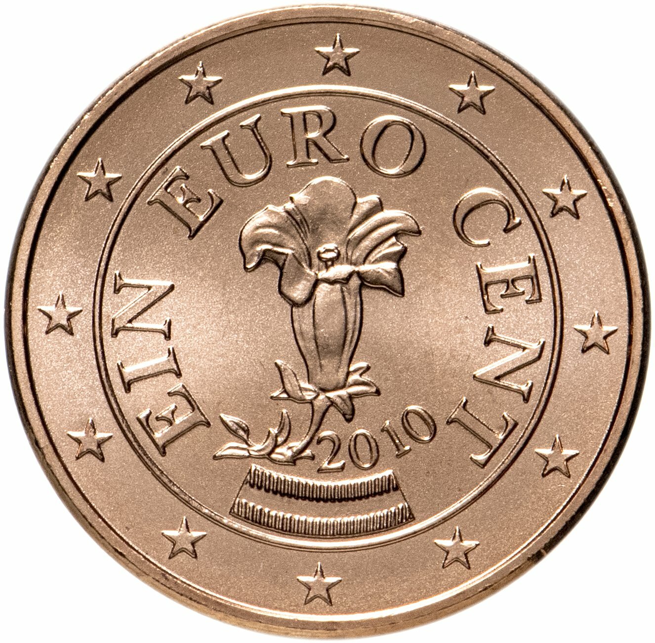 Австрия 1 евроцент cent 2010, Сталь, в сохранности UNC