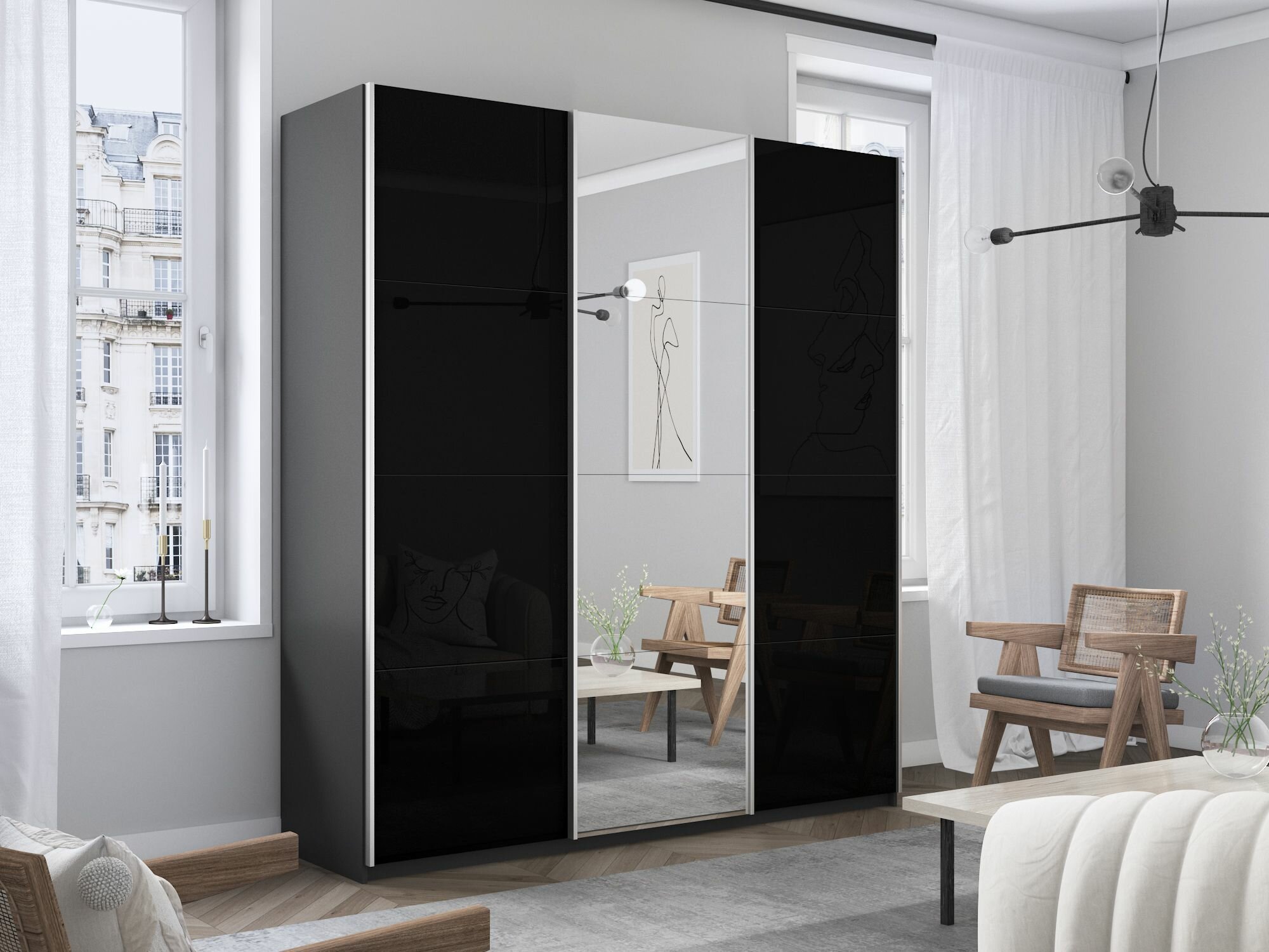 Шкаф-купе Билли 3-х дверный, (Зеркало/2 Стекла черн.) 210х57х230 см. Серый диамант