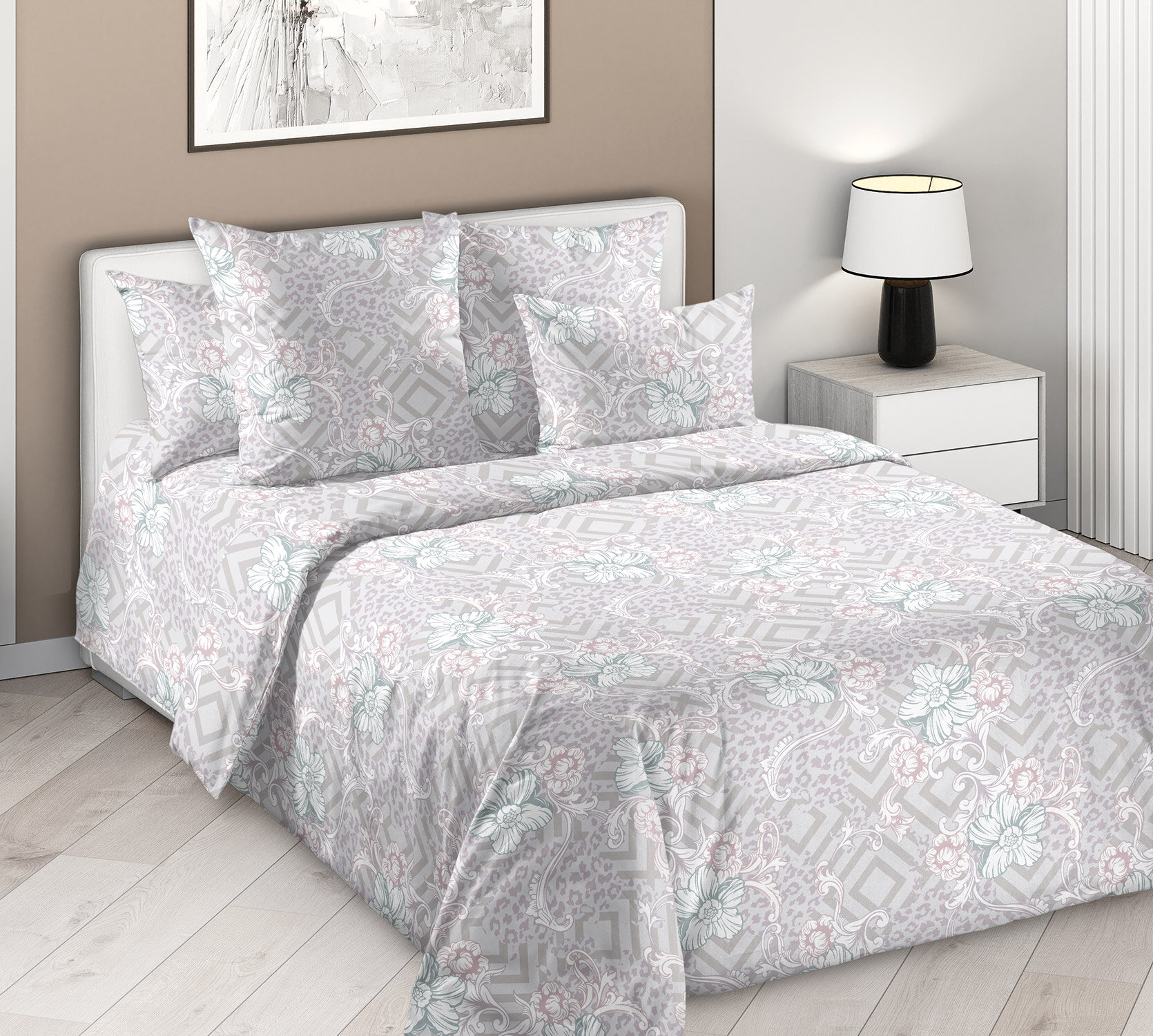 Постельное Белье 2-спальное Перкаль Виола 2 Серый (70х70-2шт.) 2800ПН, Хлопок