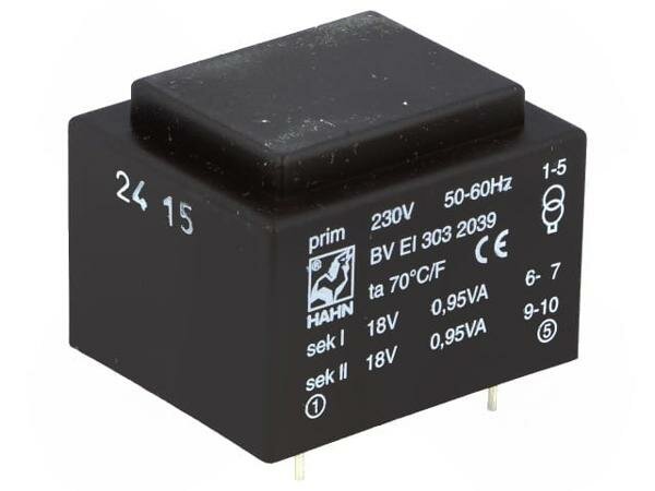 Трансформатор HAHN BVEI3032039 залитый, 1,9ВА, 230ВAC, 18В, 18В, 52мА, 52мА, 81г