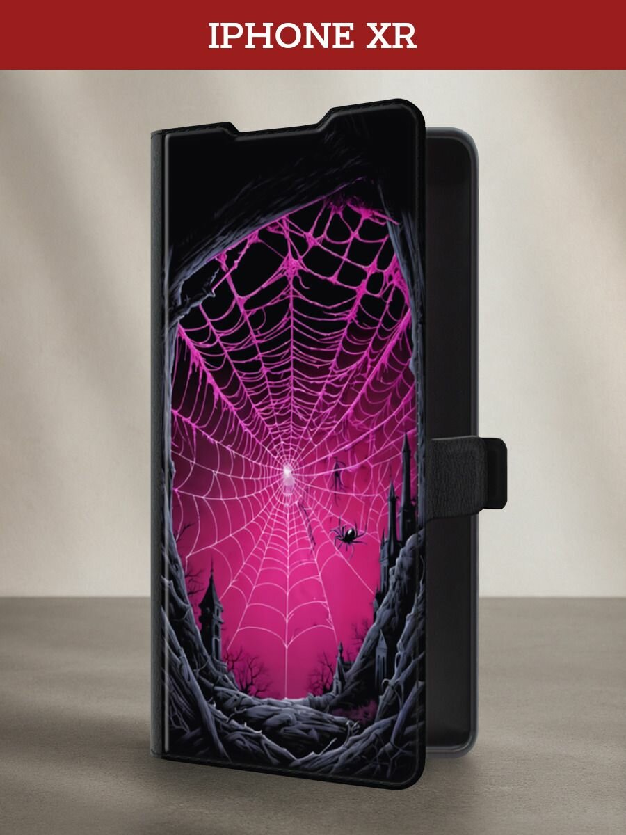 Чехол-книжка на Apple iPhone XR / Айфон XR с принтом Паучья паутина в розовом, черный