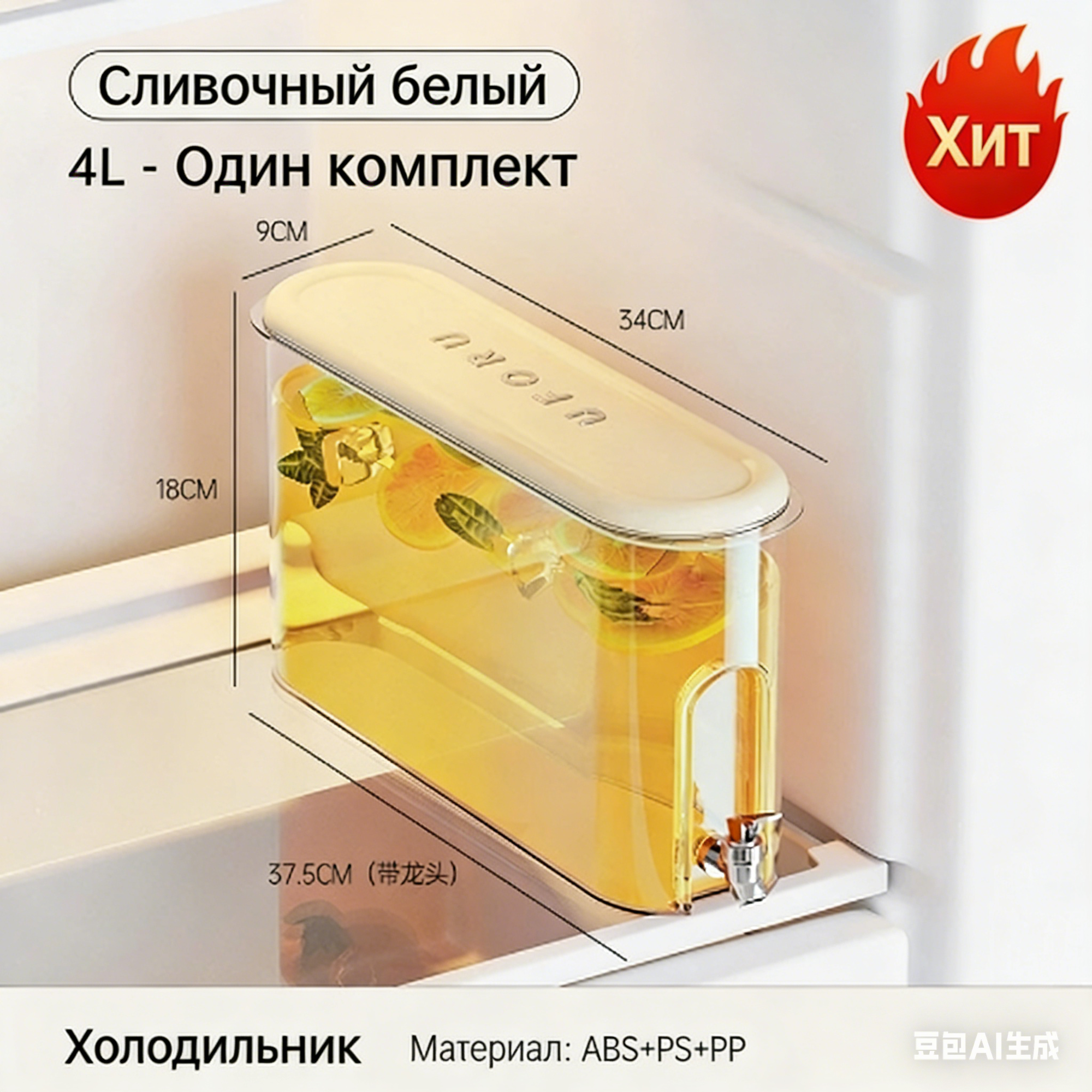 Холодильник для воды 4 л, кремовый цвет, узкая форма, с краном и фильтром, для холодильника и кухни