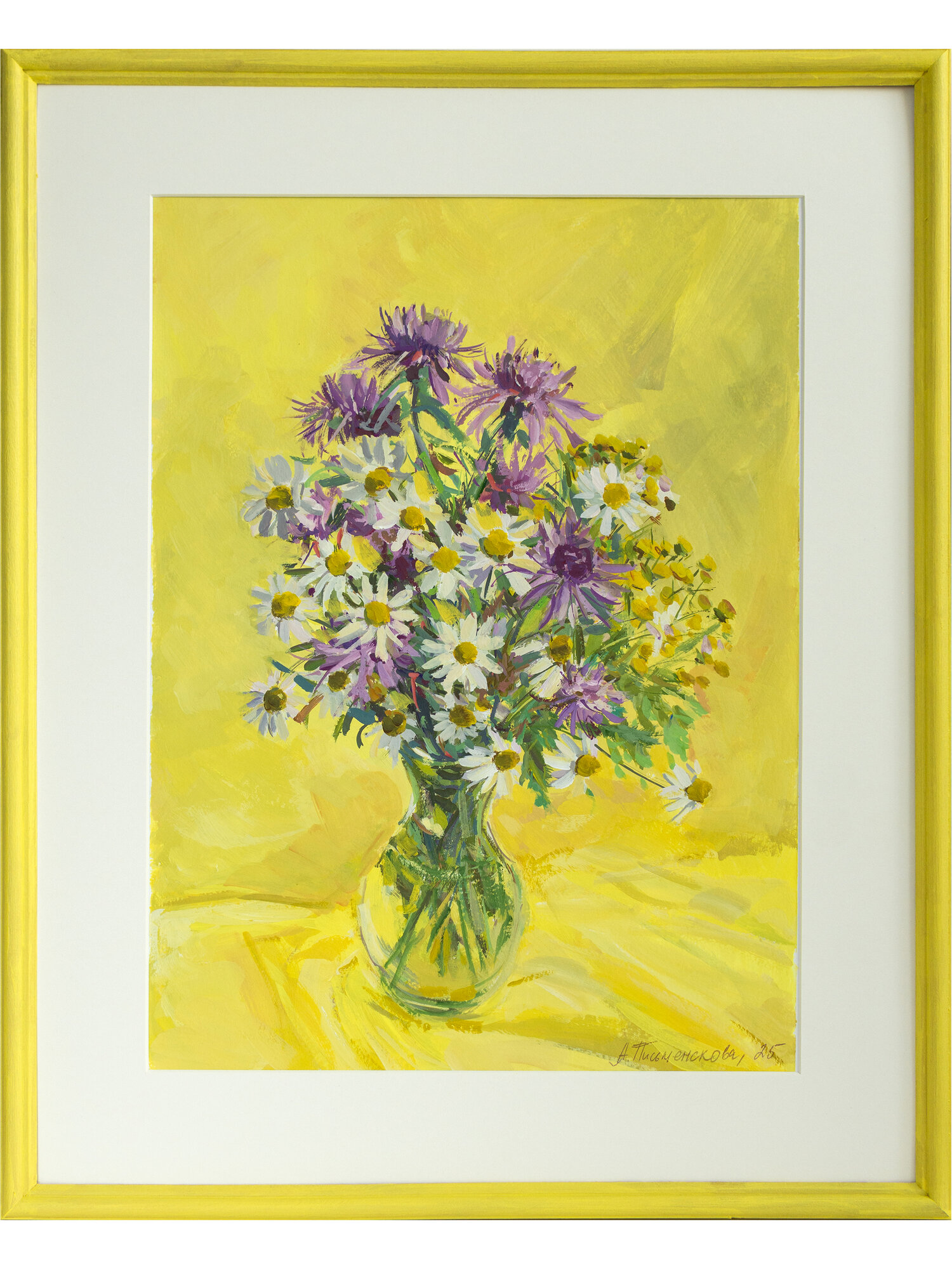 Картина гуашью авторская "Букет ромашек и васильков" 42х30см, ручная работа