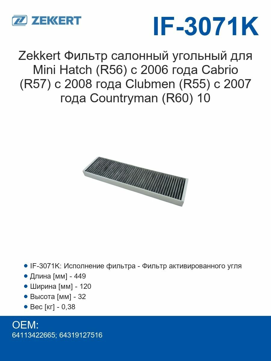 Zekkert Фильтр салонный угольный для Mini Hatch (R56) с 2006 года Cabrio (R57) с 2008 года Clubmen (R55) с 2007 года Countryman (R60) 10