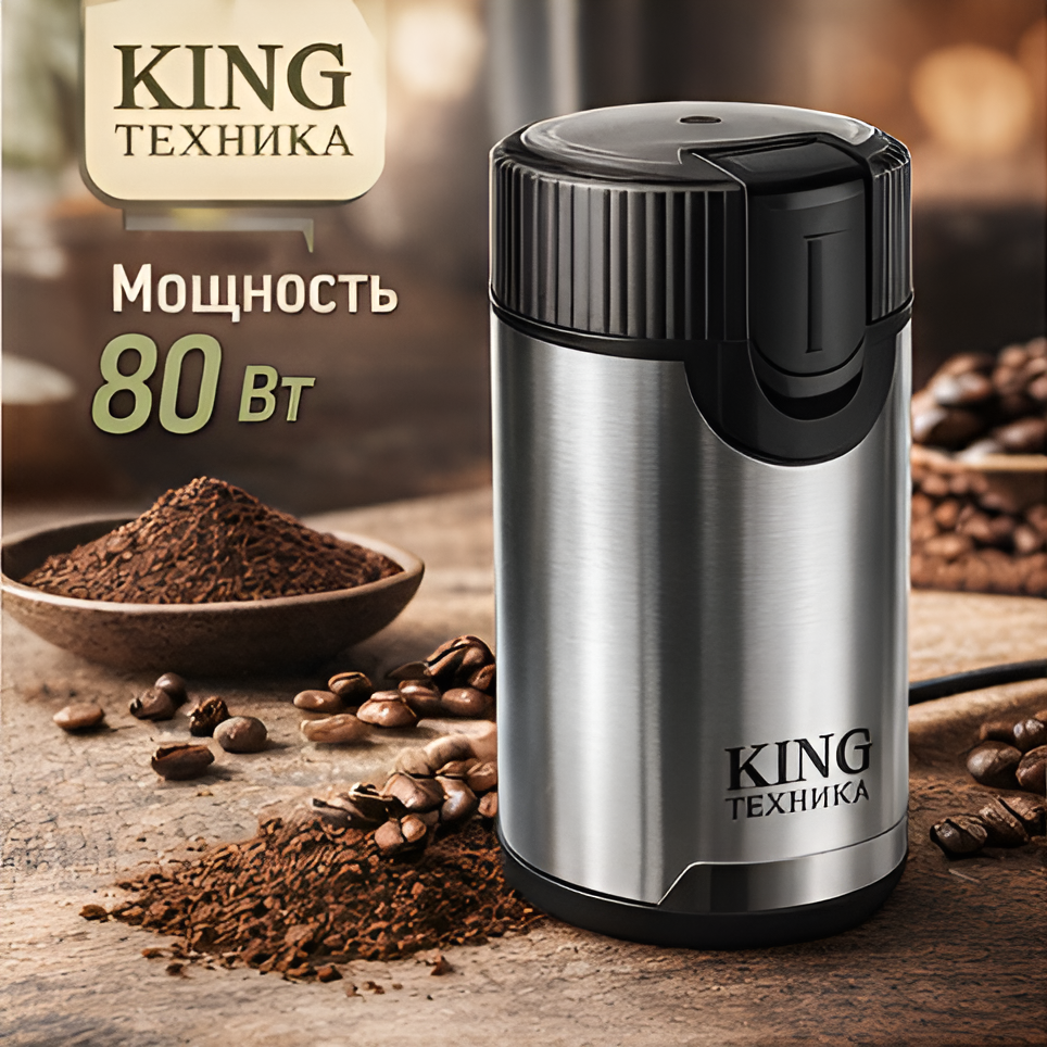 Электрическая кофемолка KING Техника 80 Вт, 80 г, нержавеющая сталь, импульсный помол, компактная