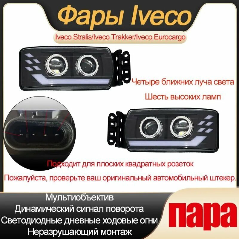 Фары автомобильные, 2 шт, арт. Iveco Stralis/Iveco Trakker/Iveco Eurocargo-Светодиодная квадратная розетка-ITUQ1DA