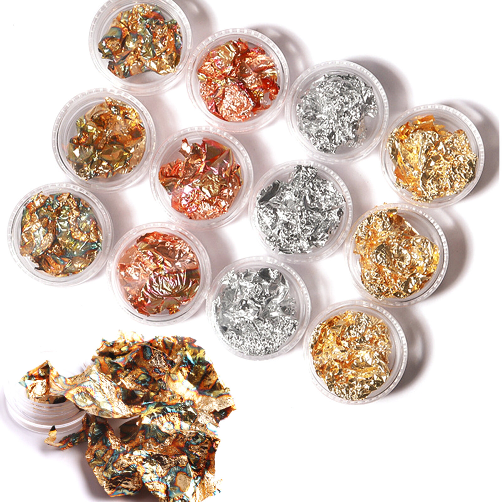 12 Коробочек Фользы Золото, Серебро, Медь, Радуга для Декора Ногтей, Фольевая Чешуйка для Дизайна Маникюра