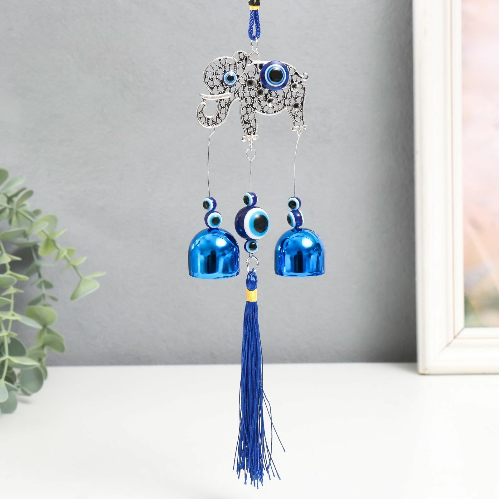 Музыка ветра "Слоник", металл, от сглаза с кисточкой 2 колокольчика, 24 см