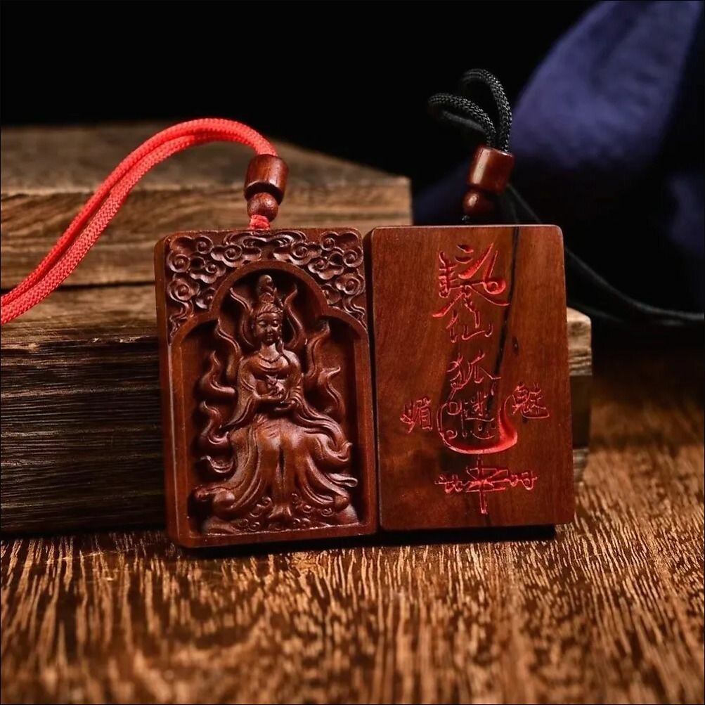 Амулет Девятихвостая Лиса для привлечения любви, из громового дерева, с киноварью, деревянный кулон-талисман