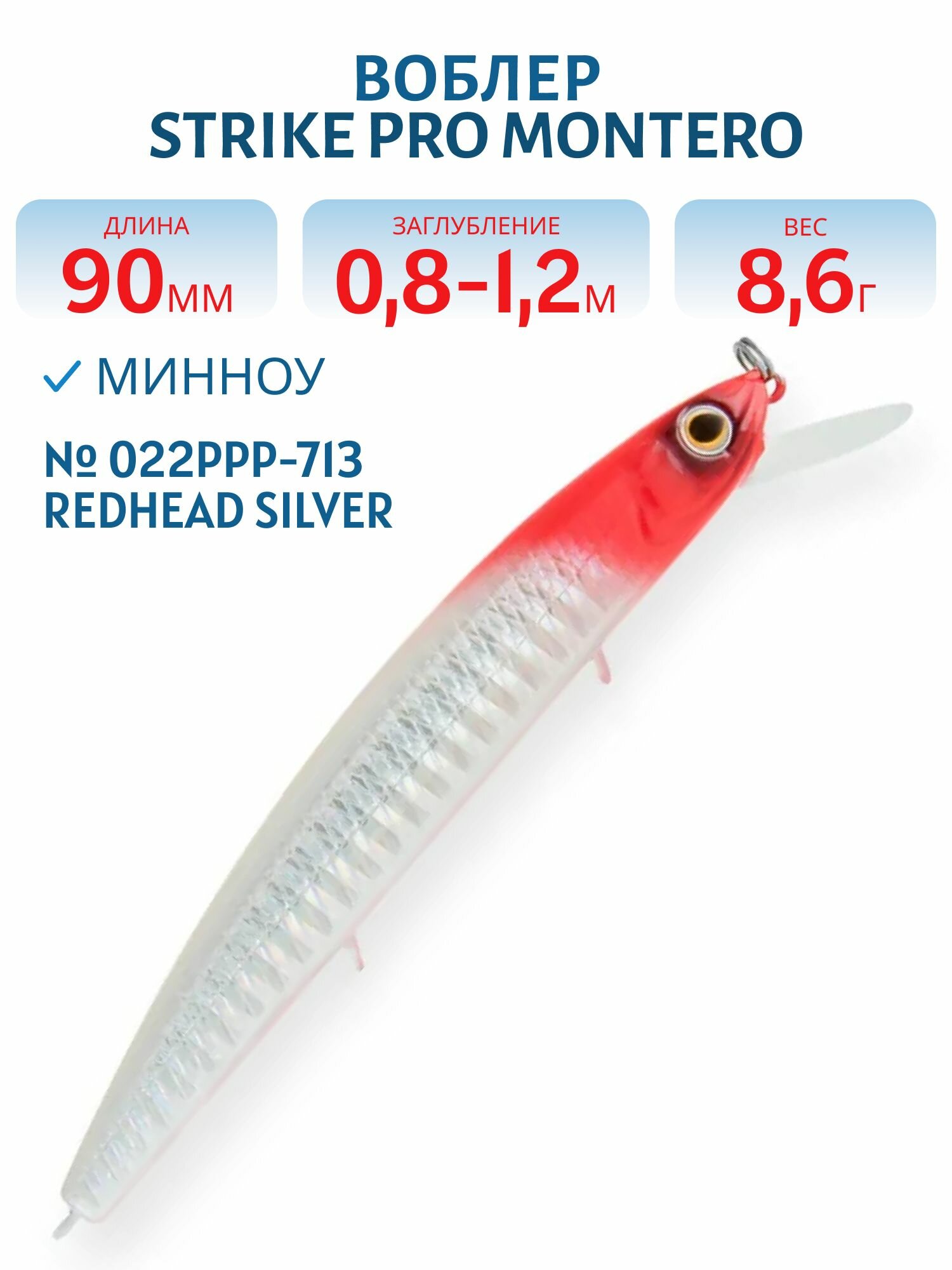 Воблер Минноу Strike Pro Montero 90SP, 90 мм, Загл. 0,8м.-1,2м, Нейтральный, цвет: 022PPP-713 Redhead Silver