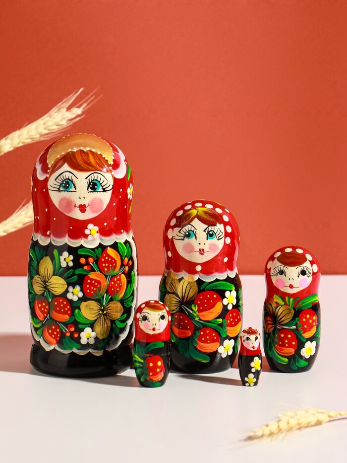 Матрёшка дерево «Весела», красная голова, низ чёрный, 5-кукольная, 14 см