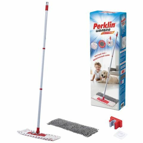 Швабра с флаундером 40 см, составной черенок 120 см, МОП микрофибра/абразив + МОП синель, Perklin, 700987