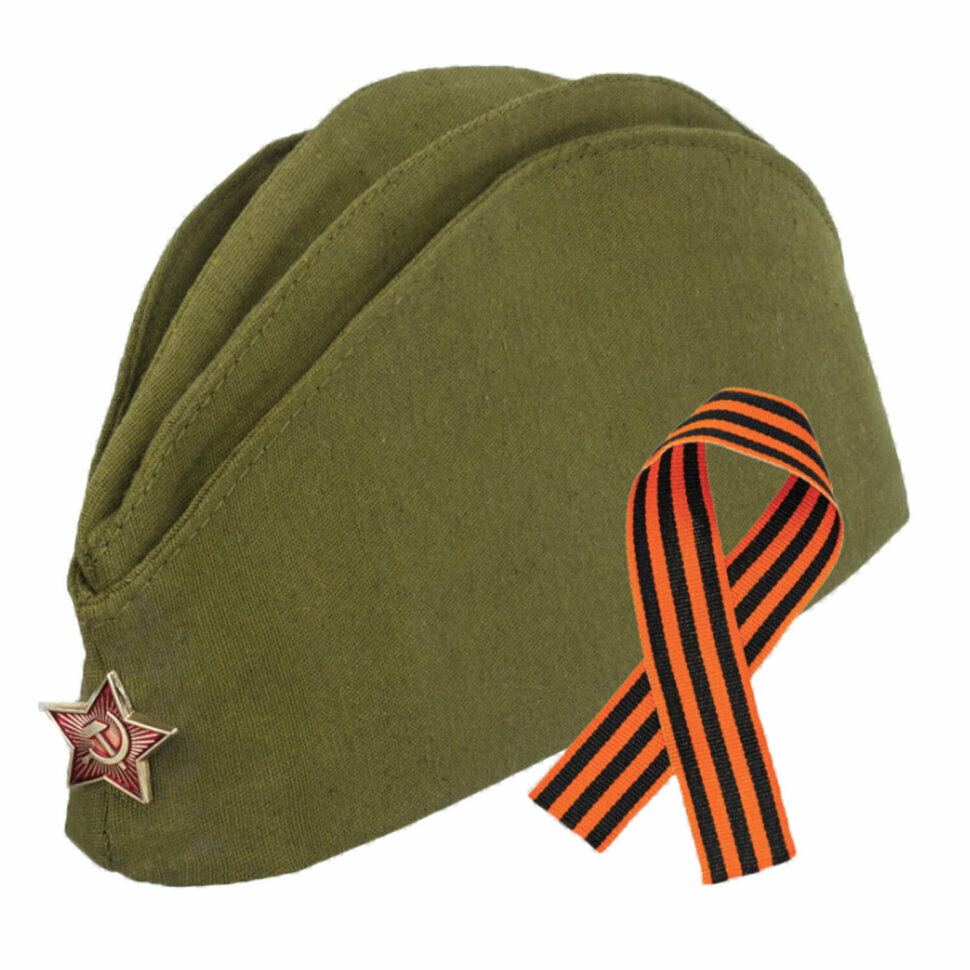 Пилотка военная двуслойная с георгиевской лентой, металлическая звезда, размер 56 (универсальный), ПЛ-11Л, 550251