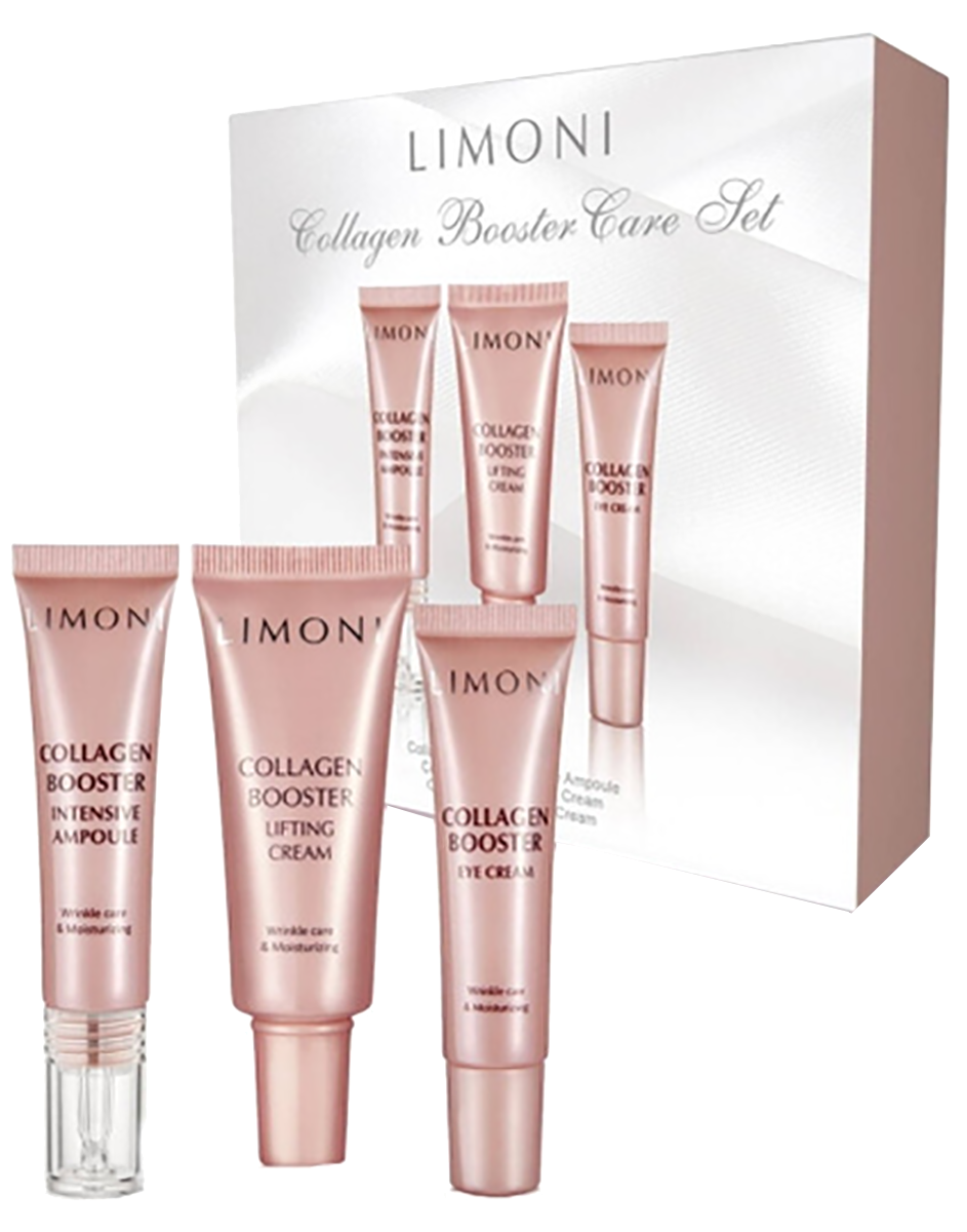 Набор с морским коллагеном Collagen Booster (интенсивно увлажняющая сыворотка, 15 мл+Крем для лица, 25 мл+Крем для век и кожи вокруг глаз, 15 мл, LIMONI