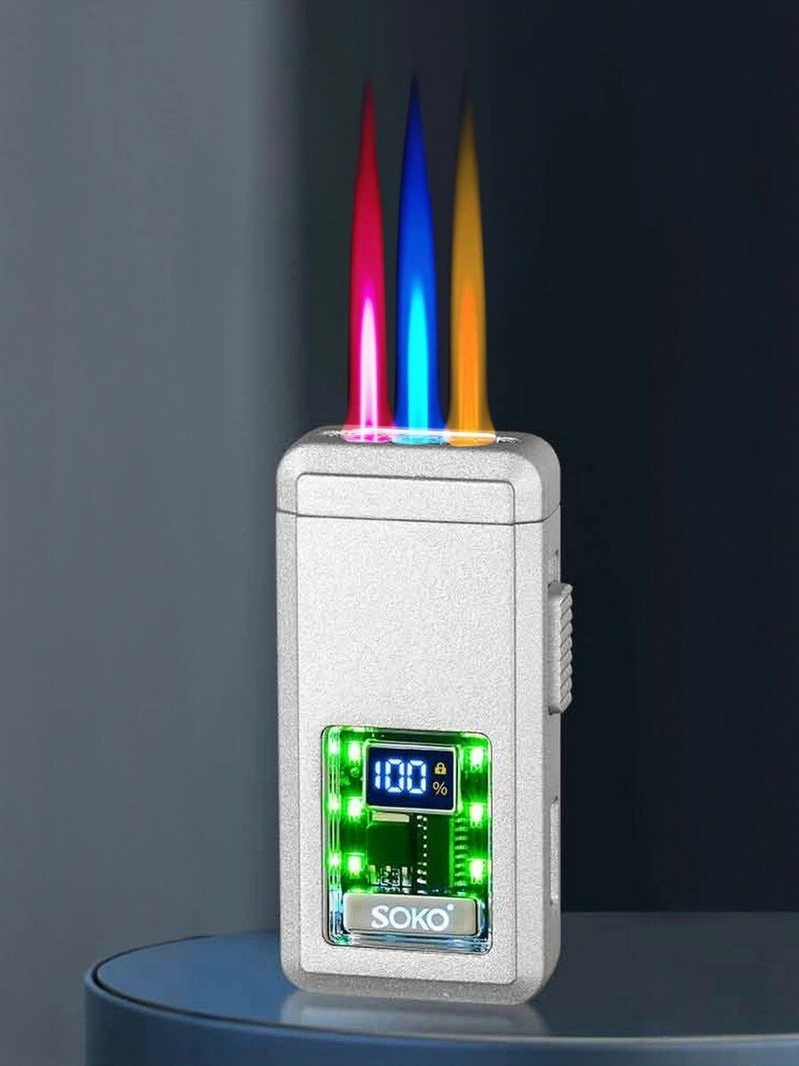 Турбозажигалка с тройным цветным пламенем (встряхните её!), матовое серебро