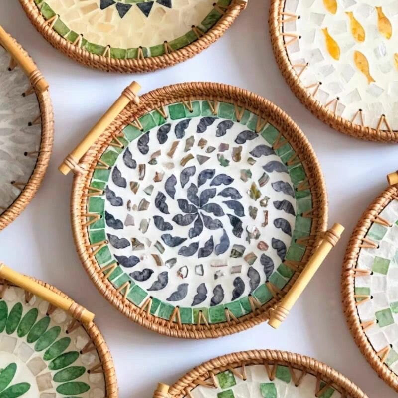 Вьетнамский плетеный вручную поднос из ротанга, плетеный поднос для фруктов, поднос в форме ракушки для хранения закусок и фруктов в гостиной.