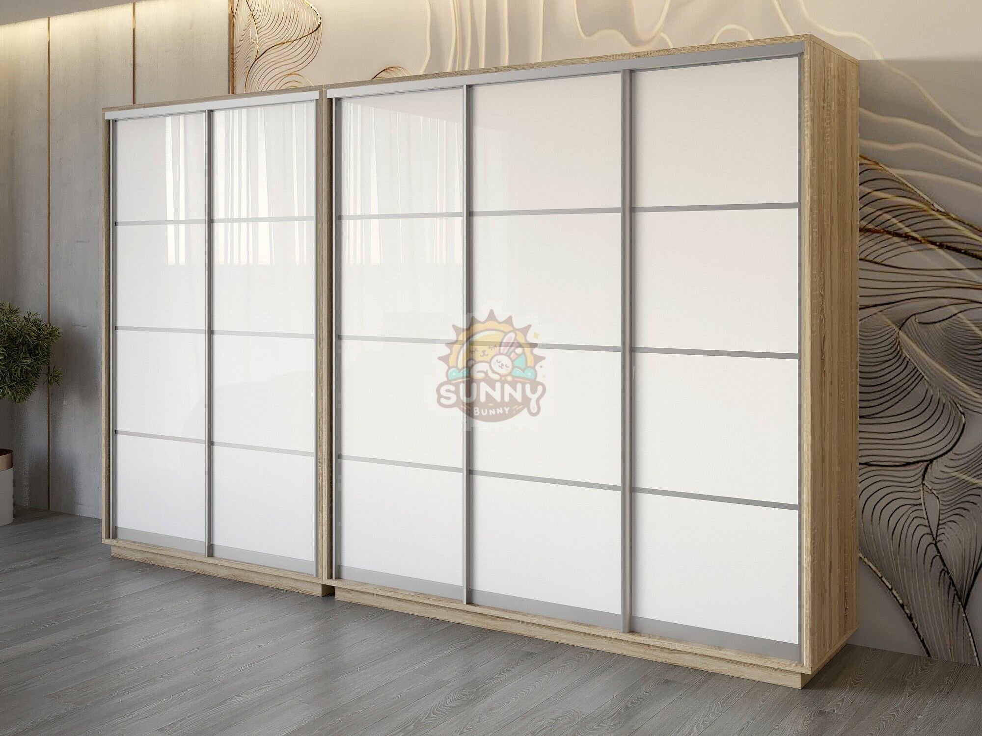 Шкаф-купе Флорида 5дв. (2+3) Стекло белое, профиль серебро, 300х60х220 см. Сонома