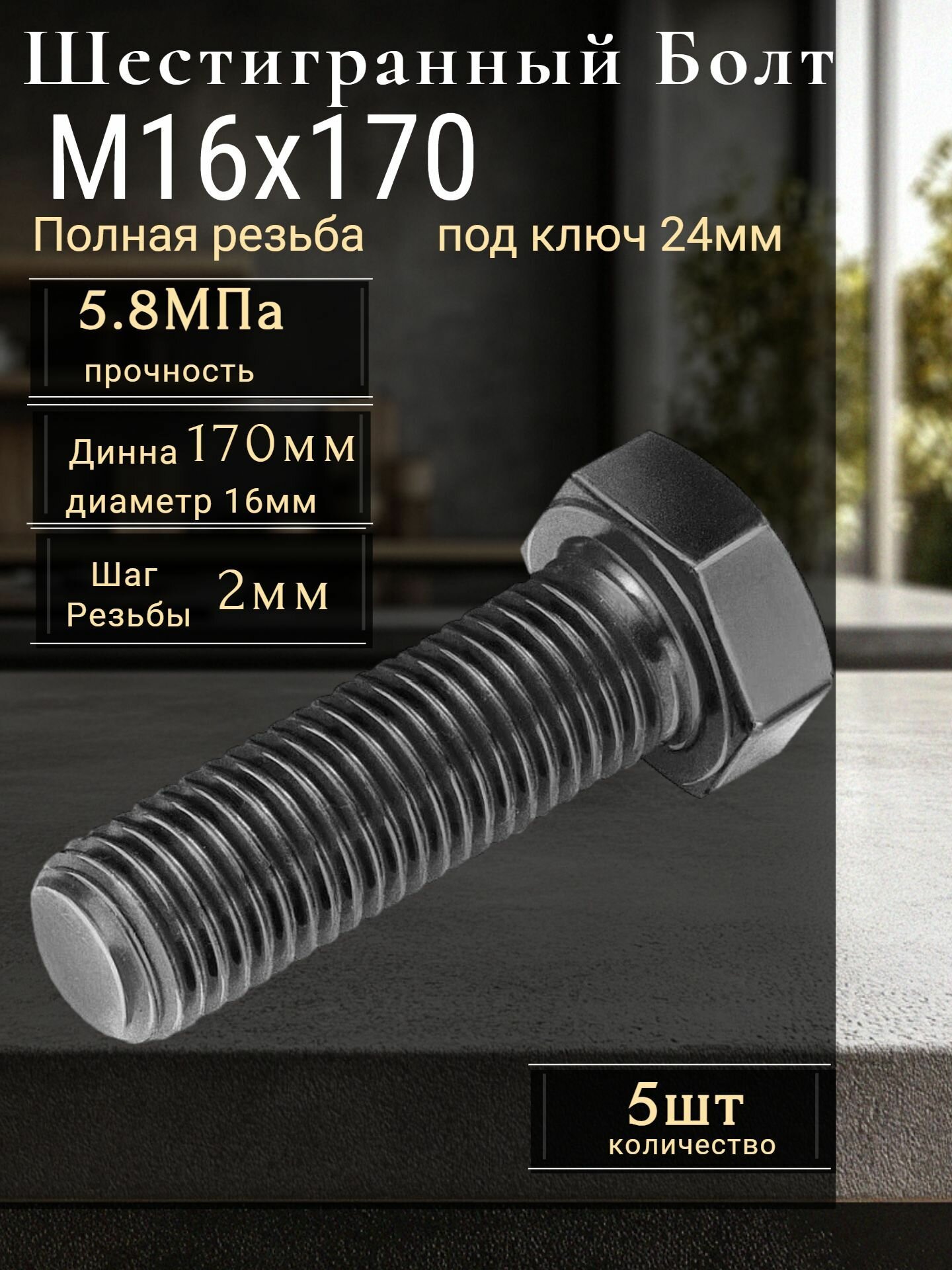 Болт с шестигранной головкой, оцинк, М16х170 (5 шт)