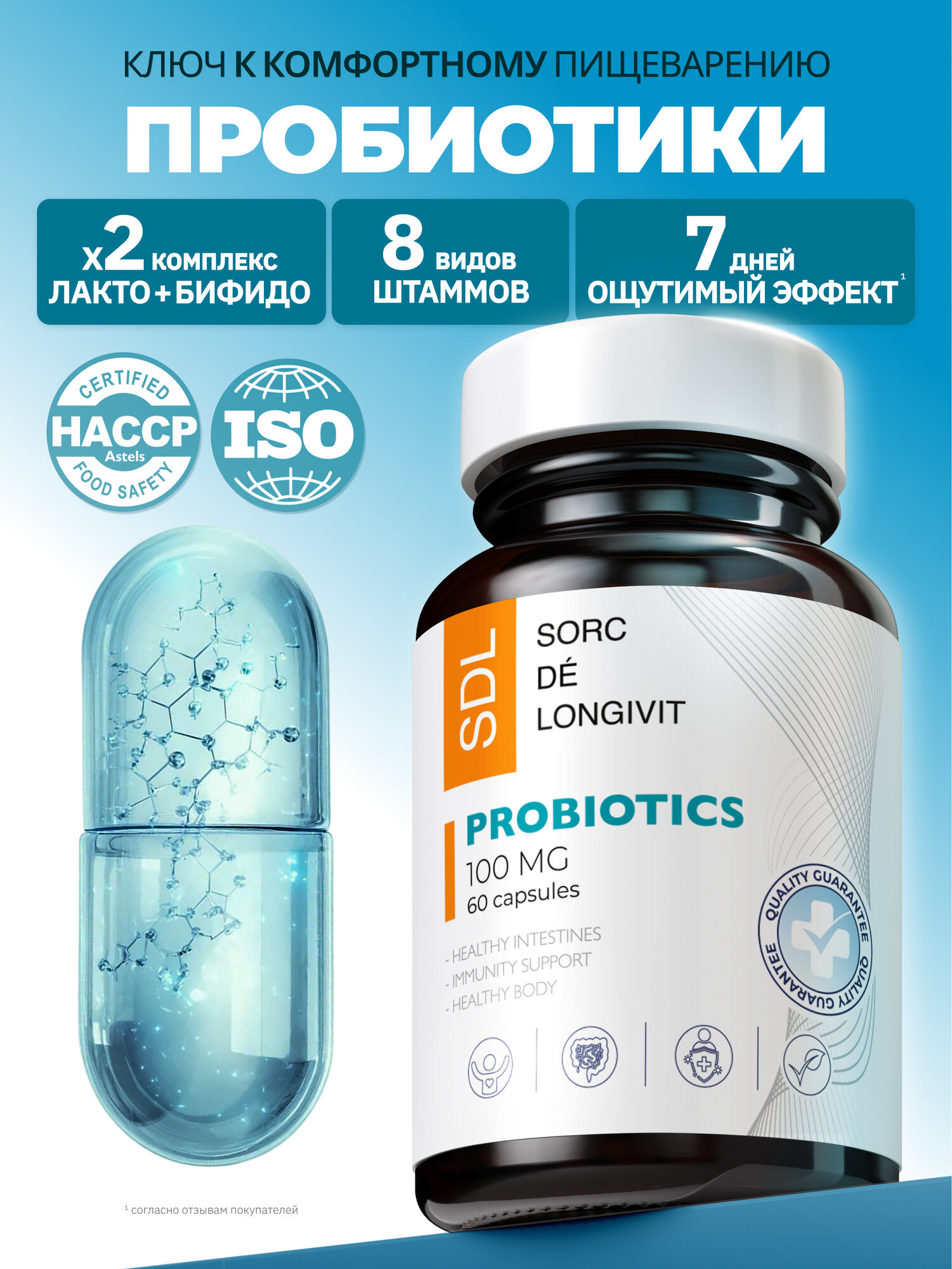 Пробиотики SDL, для кишечника, восстановления микрофлоры 100 мг, 60 капсул