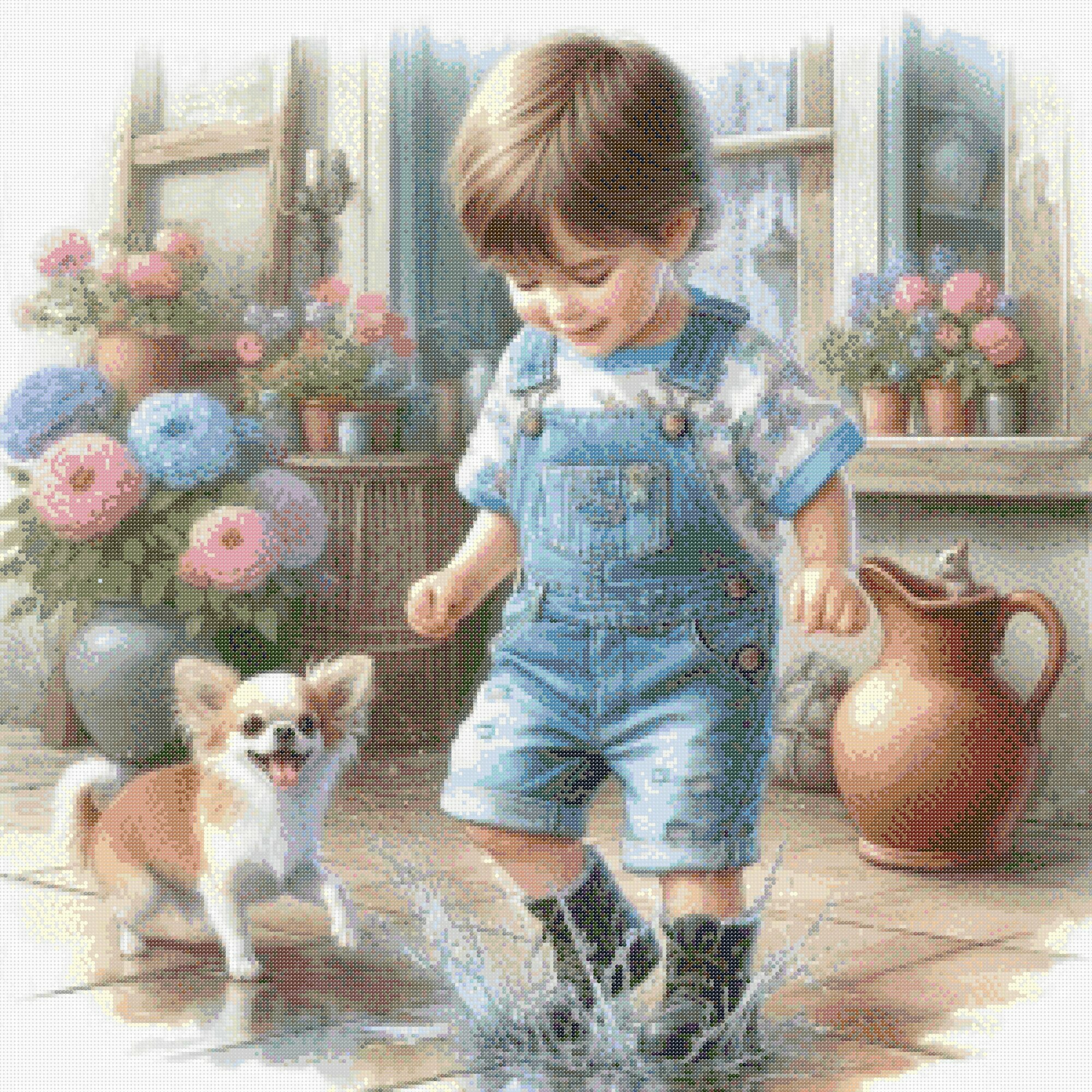 Схема вышивки бисером Мальчик с чихуахуа (без бисера) 300х300 стежков (60х60 см) 81 цвет