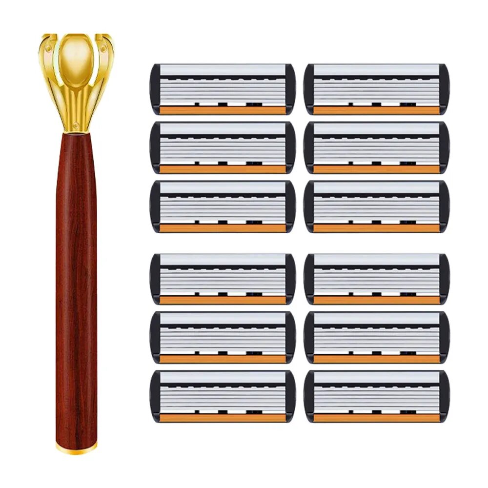 Мужская бритва с деревянной текстурой и металлическим корпусом, набор с 7 оранжевыми лезвиями