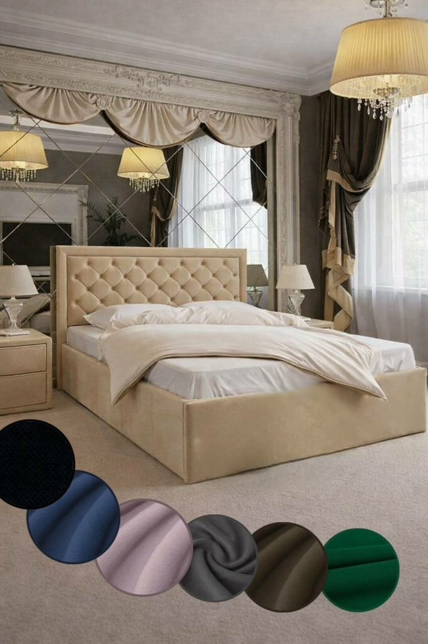 Кровать двуспальная Carriage, 180x200см, мягкая обивка, с подъемным механизмом и ортопедическим основанием, бежевая, ткань велюр