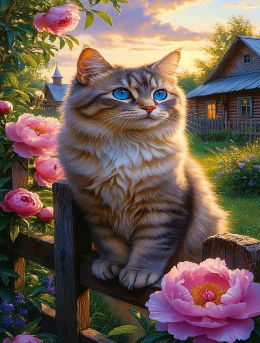 Алмазная мозаика на подрамнике 40*50 "Пушистый котенок на заборе"