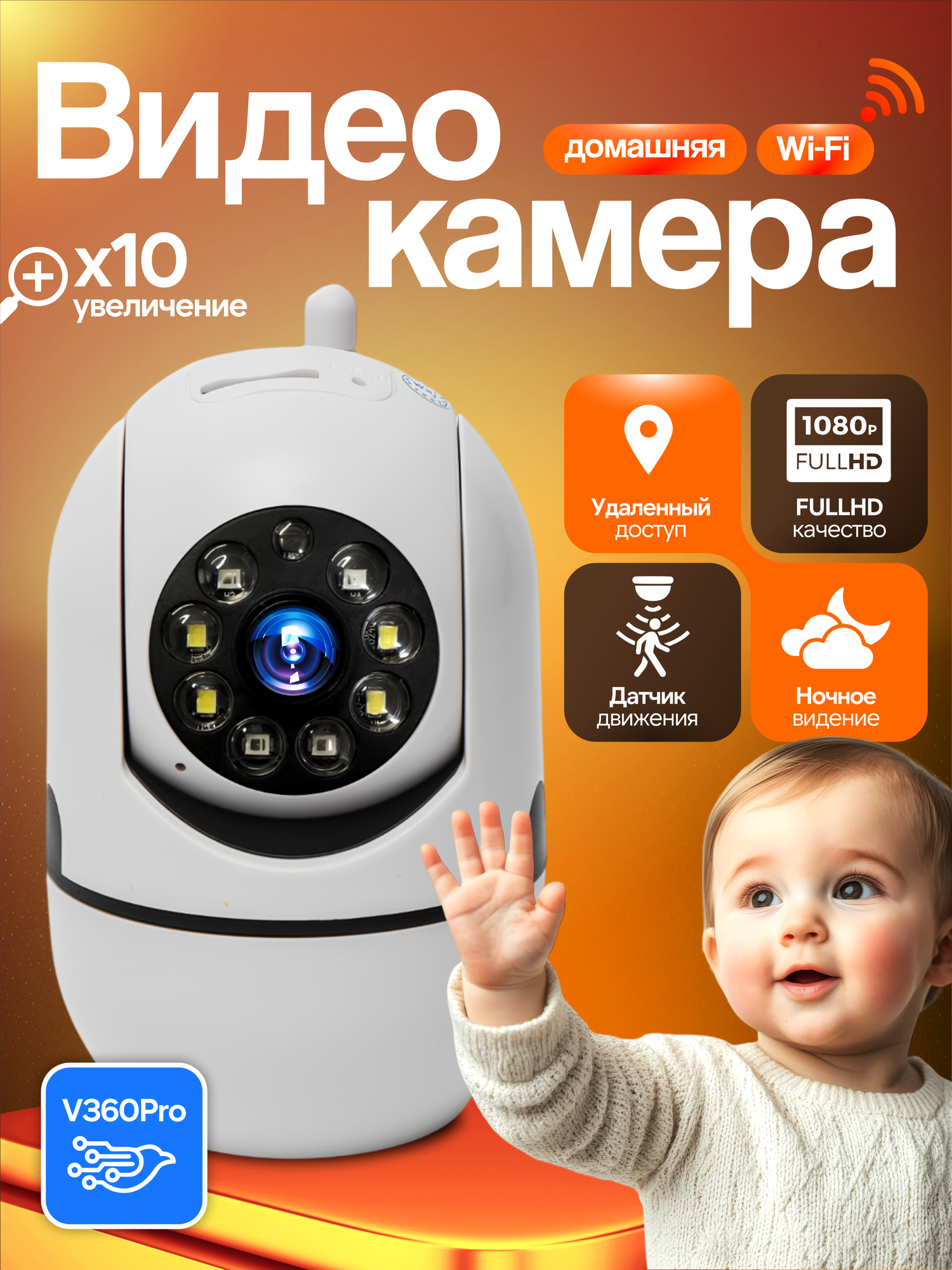 Видеоняня беспроводная, камера видеонаблюдения WiFi для дома и квартиры 1920х1080. IP камера 360 беспородная.